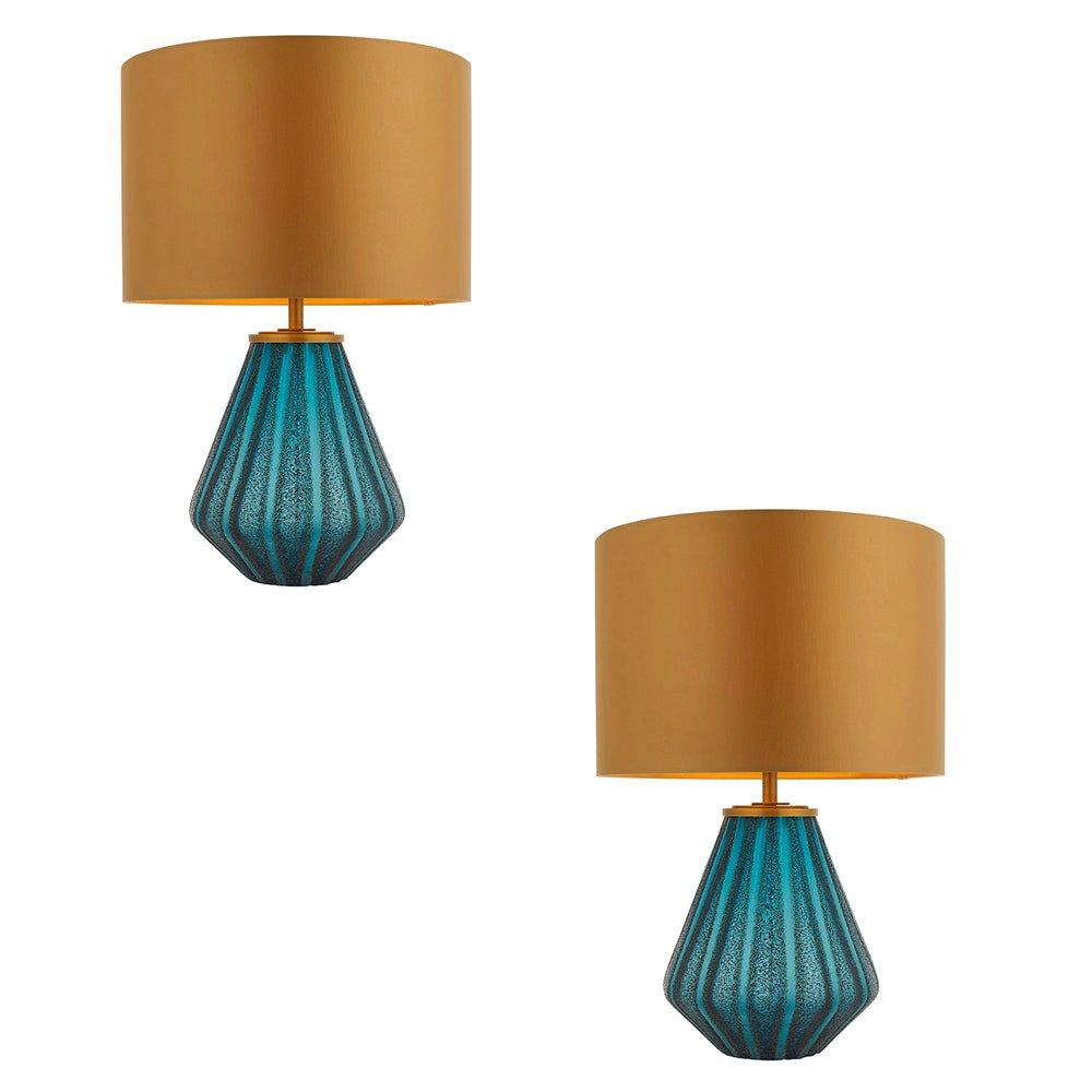 Lighting 2 Pack Turqoise Glass Base Table Lamp Light And Gold Fabric Shade Black Detail Loops